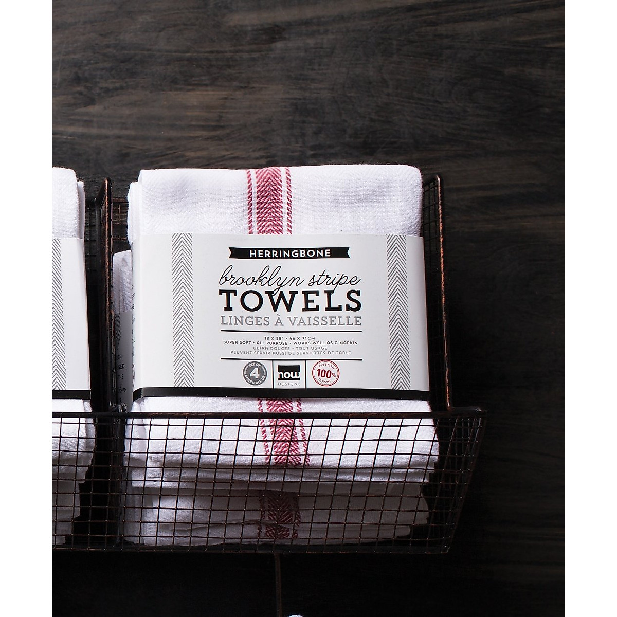 Now Designs Teatowel Set of Four, Brooklyn Stripe Poppy, Small