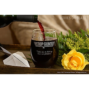 Top Gun Etched Stemless Wine Glass - with Logo & Quote "Take me to bed" - Officially Licensed, Premium Quality, Handcrafted Glassware, 15oz., Perfect Collectible Gift for Movie Enthusiasts