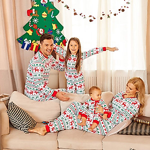 PopReal Christmas Pajamas for Family, Matching Family Christmas PJs Sets Blue Elk Tree Printed Top Sleepwear
