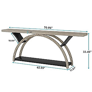 Tribesigns 70.87" Console Table with Storage Shelf, Narrow Long Sofa Table Behind Couch Table, 2-Tier Rustic Entryway Table with Half Moon Frame for Hallway Living Room, Gray & Black