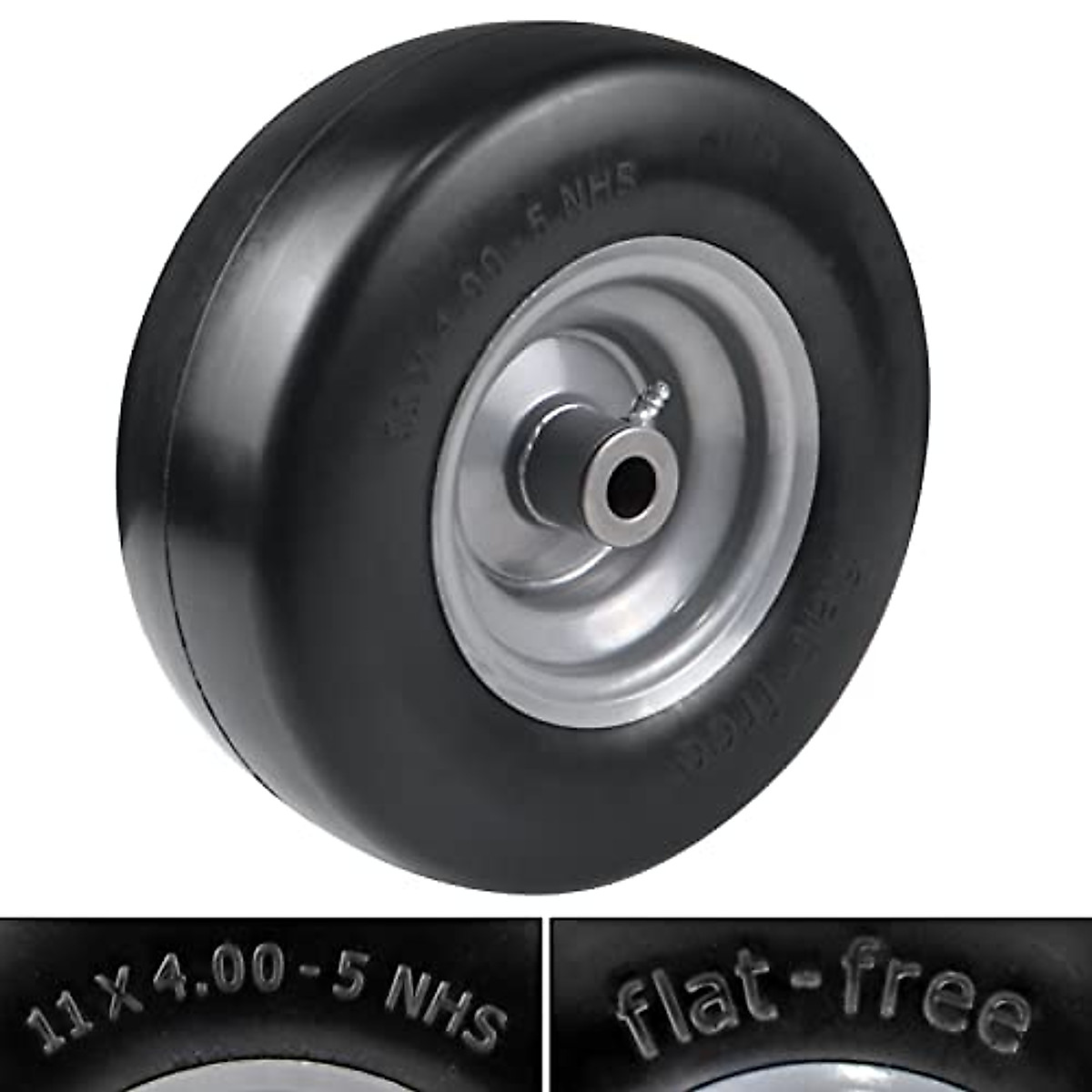 2 PCS 11x4.00-5" Flat Free Lawn Mower Tire on Wheel, 3/4" or 5/8" Bushing, 3.4"-4"-4.5-5" Centered Hub, Universal Fit Smooth Tread Tire for Zero Turn Lawn Mowers, with Universal Adapter Kit