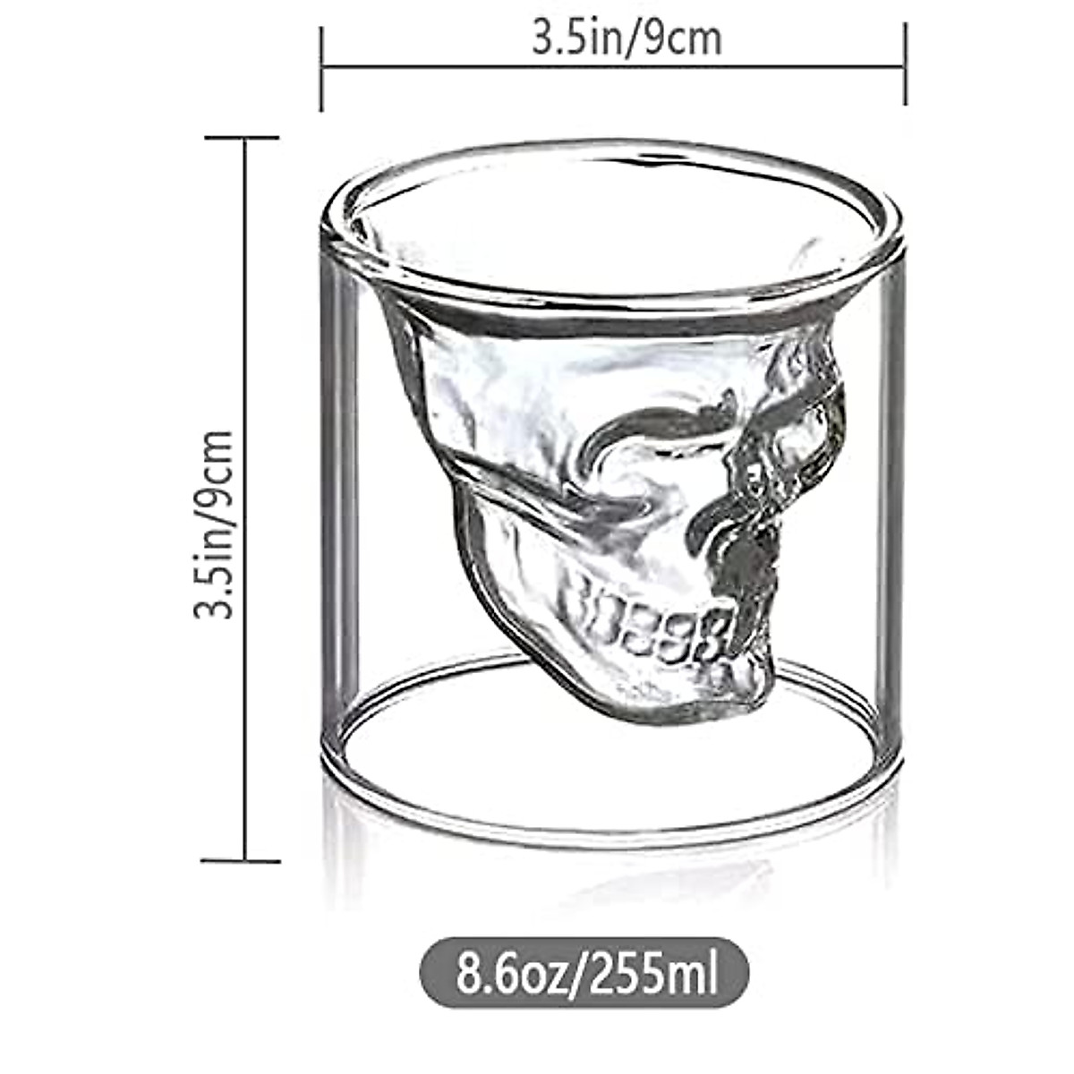 Rircio Double Layer Unique Transparent Design Skull Whiskey Glass Cup, Funny Crystal Drinking Cup, Shot Glasses, Cool Beer Cup for Wine Cocktail Vodka, Home Halloween Party Bar Cup Gift (6oz / 180ML)