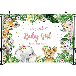 Mocsicka Girl Safari Baby Shower Backdrop 7x5ft Pink Safari Wild Animals A Sweet Baby Girl is On Her Way Baby Shower Party Decorations Floral Greenery Photography Background
