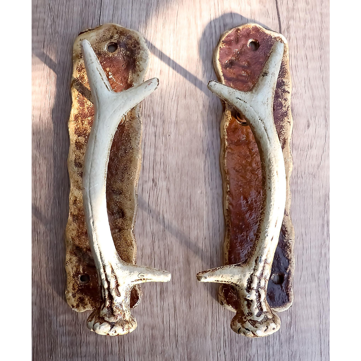 Ebros Set of 2 Western Rustic Deer Antlers Door Pull Handle Hardware Pack of 2 Left and Right Sides Decorative Accent 8" High for Barn Doors Entrance Main Cabin Lodge Country Home Antler Accent