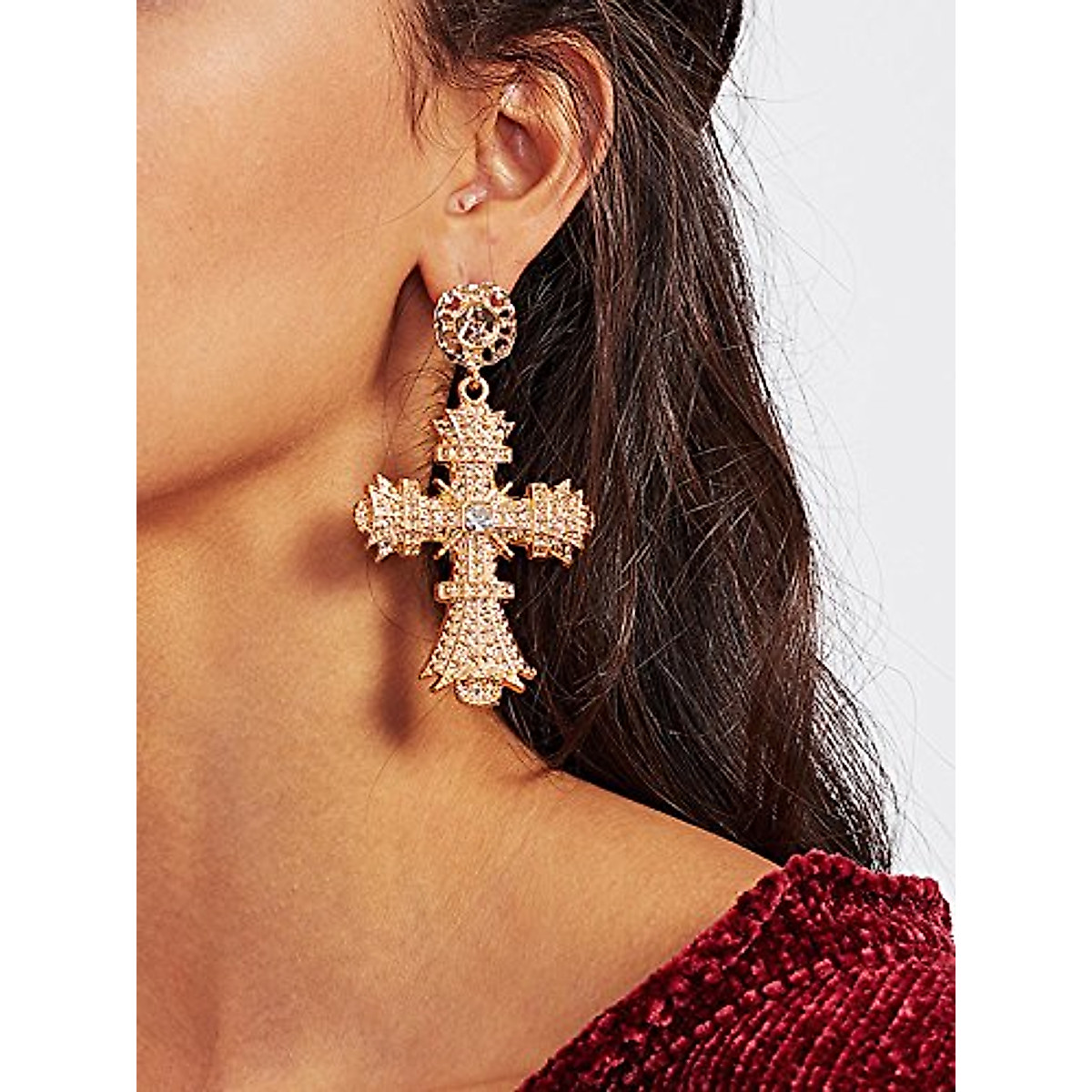 Cross Earrings,Gold Big Baroque Drop Earrings,Rhinestone Large Cross Earrings,Retro Court Earrings for Women Halloween Boho Gifts