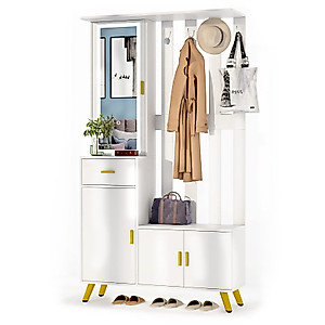 PAKASEPT Hall Tree with Bench and Shoe Storage, Farmhouse Entryway Bench with Coat Rack, Multi-Purpose Home Organizer, Sliding Barn Doors, Entryway Solution with Seating and Hooks