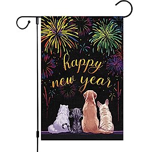 Happy New Year Garden Flag 12x18 Double Sided Vertical, Burlap Small Fireworks Cat Dog New Year Eve Yard Flag Sign Welcome Holiday Winter House Outdoor Outside Decorations (ONLY FLAG)