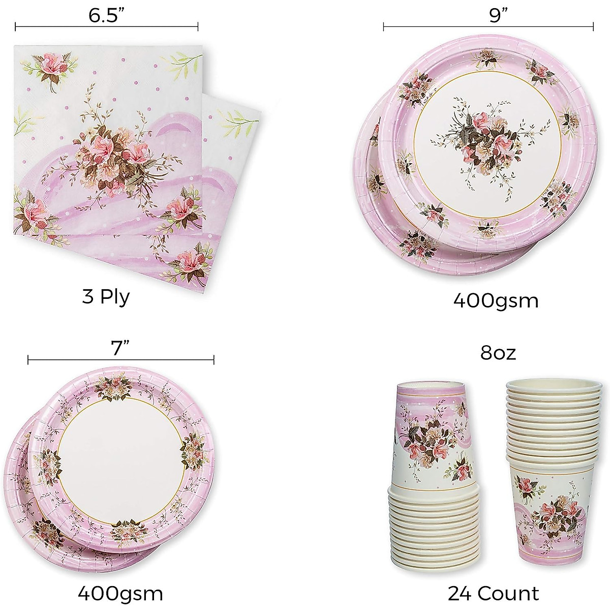 ROYAL BLUEBONNET Paper Plates and Napkins Set, Floral Design, 24 Pieces, Pink, Spring, Disposable Party Supplies