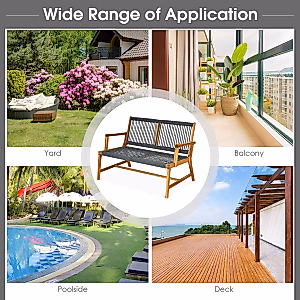 Tangkula 2-Person Patio Acacia Wood Bench Loveseat Chair, Outdoor Patio Bench Acacia Wood Bench in Teak Oil Finish, Patio Loveseat Rope Bench for Balcony Deck Poolside Porch (Grey)