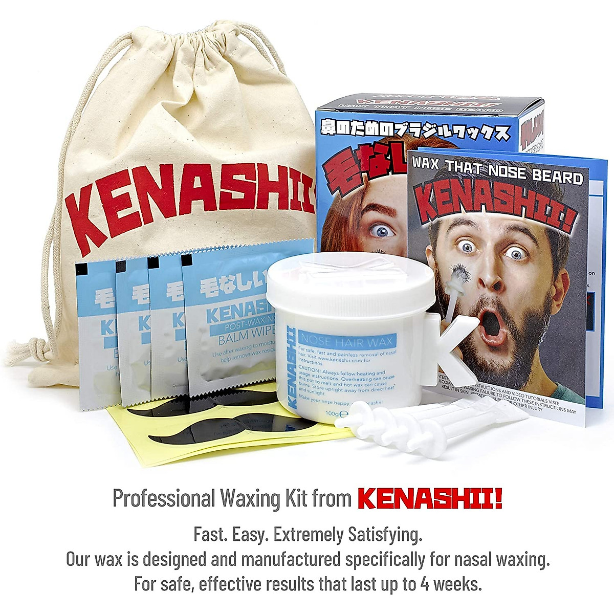 Kenashii Nose Waxing Kit and 60 Grip n' Rip Nasal Wax Applicators Bundle, 100g of Wax, 12 Mustache Protectors, Balm Wipes and Radical Carry Bag, Total of 84 Applicators