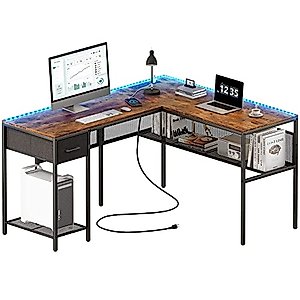 SUPERJARE L Shaped Desk with Power Outlets & LED Lights, Computer Desk with Storage Shelves & Fabric Drawer, Reversible Corner Desk with Bookshelf, Home Office Desk, Rustic Brown
