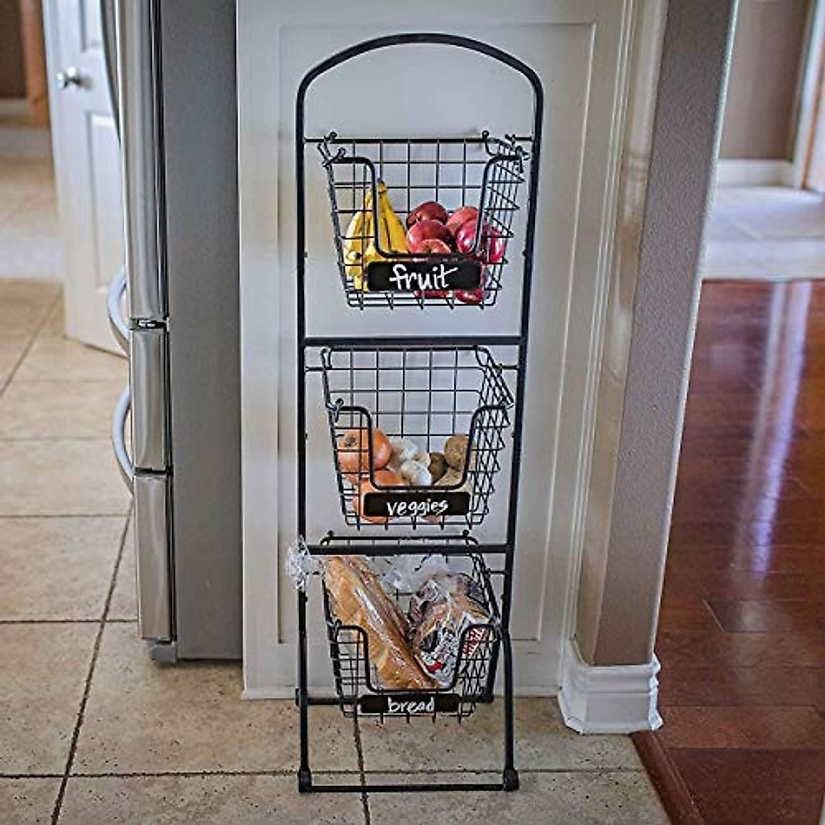 BIRDROCK HOME 3-Tier Wire Market Basket Stand with Chalk Label - Snack Fruit Vegetable Produce Metal Hanging Storage Bin for Kitchen Pantry - Free-Standing or Stacking Organizer - Black