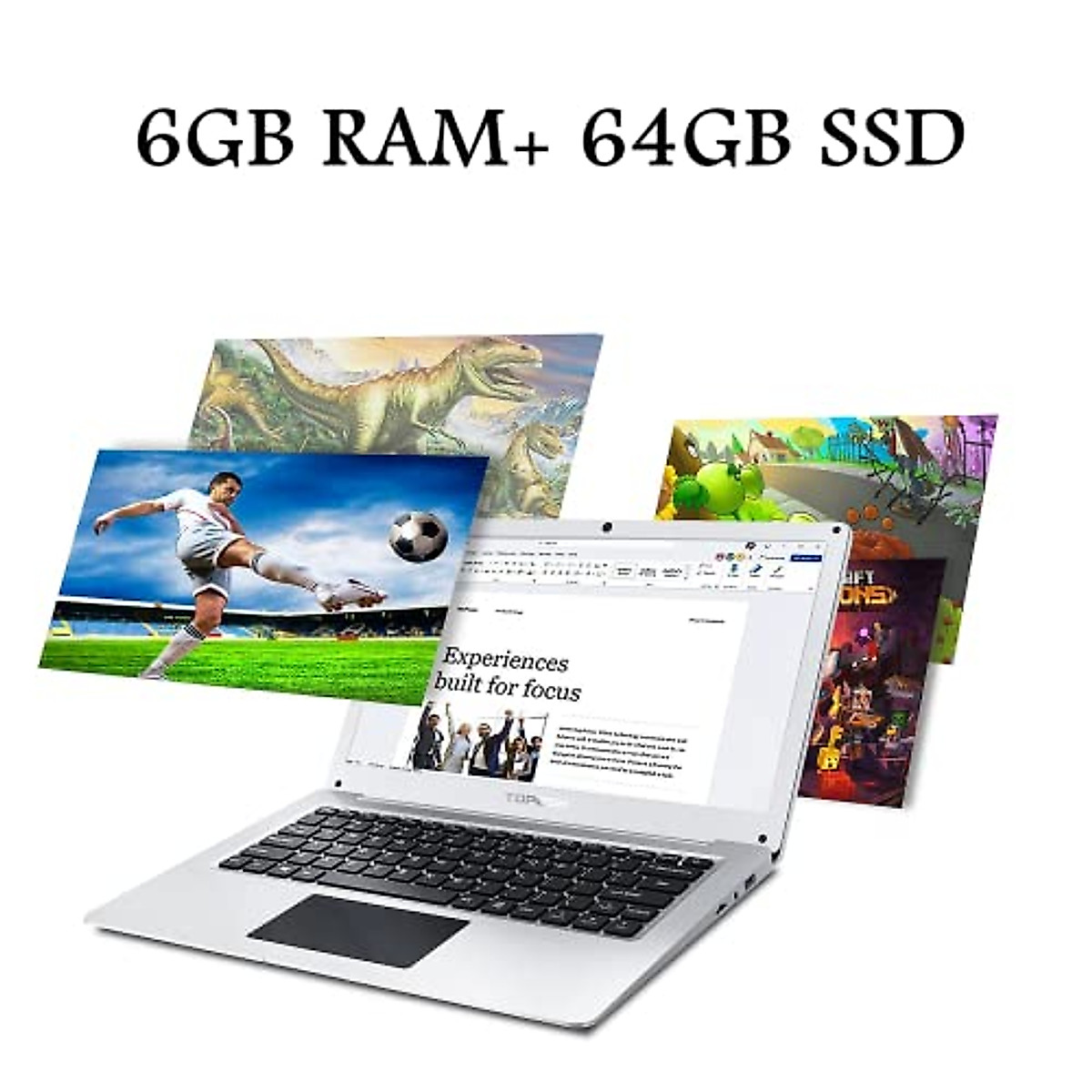 TOPOSH PC Laptop, Windows 10 Computer,14 Inch, 6GB RAM + 64GB SSD, Intel Celeron N3350, Dual-Core 1.1 GHz Graphics, WiFi Bluetooth-Silver