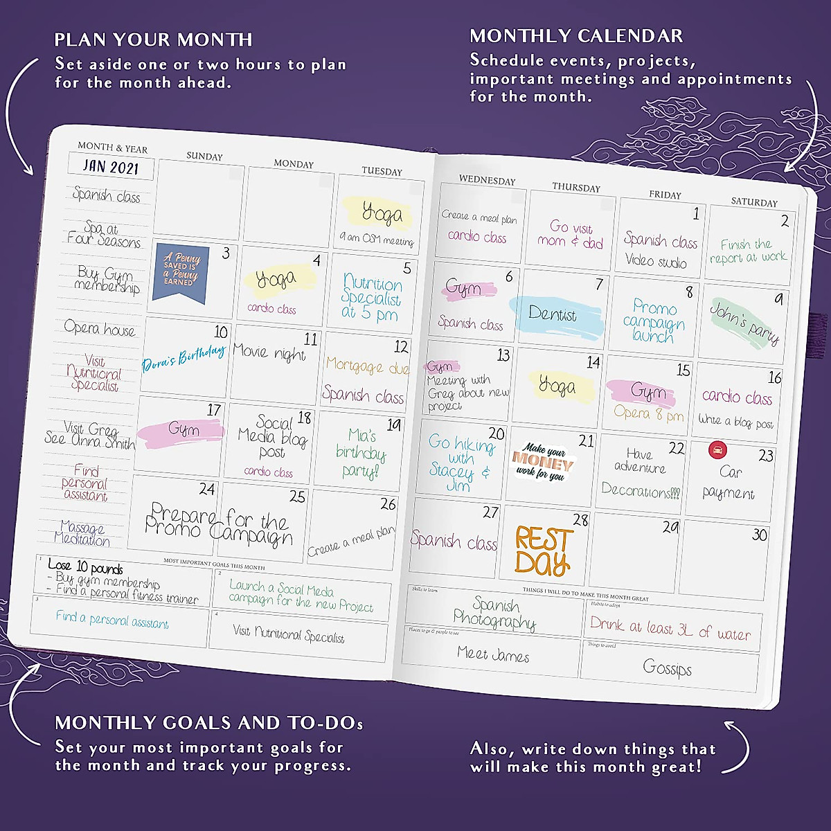 Legend Planner PRO Hourly Schedule - Weekly & Daily Organizer with Time Slots. Appointment Book Journal for Work & Personal, A4 (Purple)