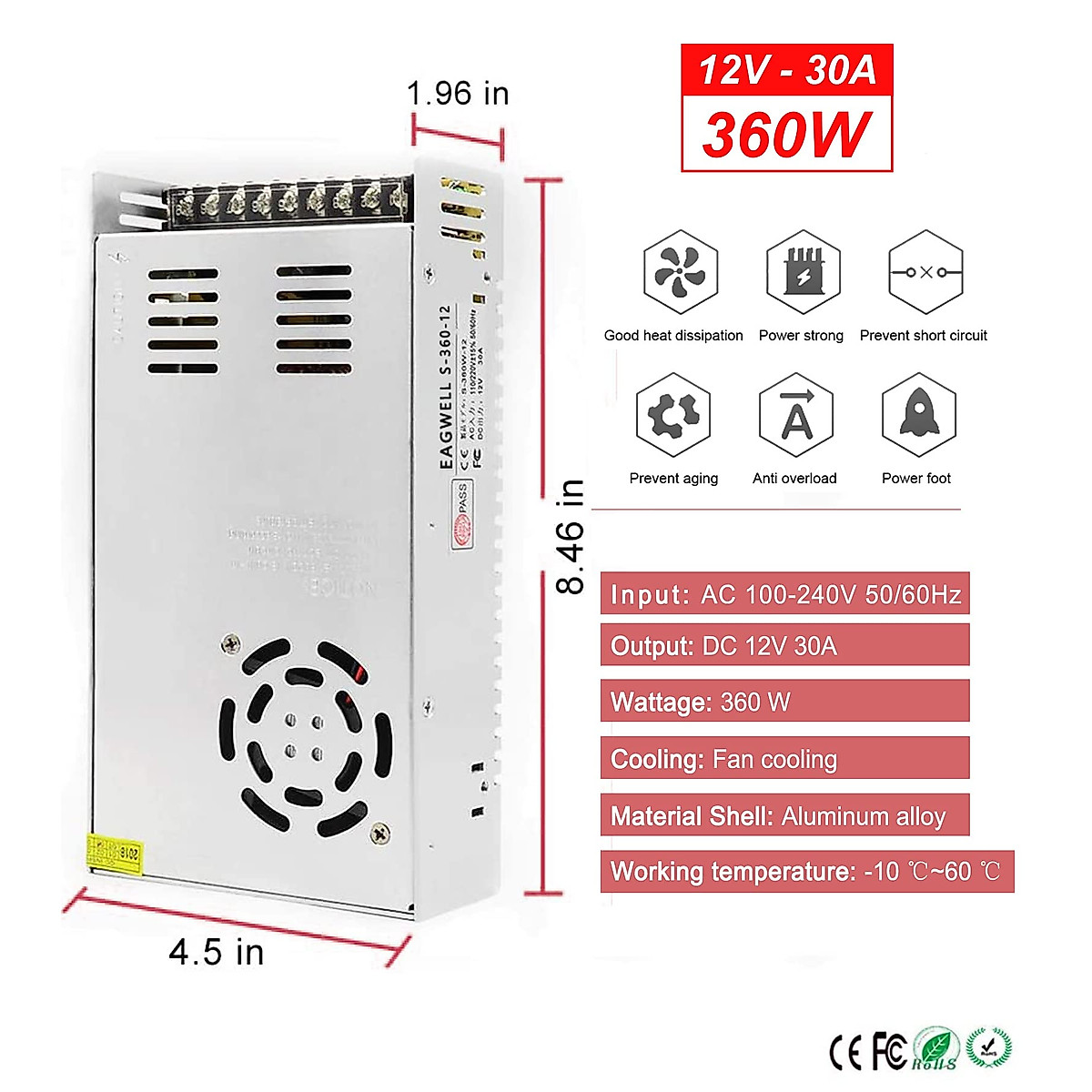 DC 12V 30A Power Supply 360W Universal Regulated Switching AC to DC Converter AC 110V/220V (SMPS) Transformer Driver Adapter for LED Strip Light, CCTV Camera Security System, Radio, Computer Project