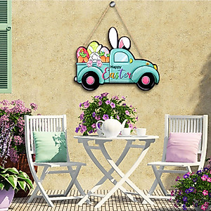 Jetec Happy Easter Hanging Sign Truck Bunny Welcome Wooden Door Sign Truck Hanging Plaque Rustic Wall Sign Yard Indoor Outdoor Garden Decoration with Rope, 13.4 x 10 Inch