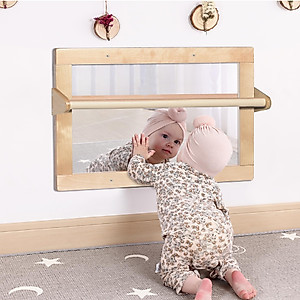 KRAND Baby Montessori Wooden Frame Non-Shatter Safety Mirror w/ 2 Pull Up Bars, Infant Coordination Small Mirror for 6-18 Months (Natural)