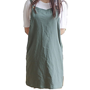 BBYBBS Adjustable Kitchen Apron Japan Style Cotton Linen with 2 Pockets Pinafore Apron For Women,Chef,Waitress,Hairstylist Fits for Grill,BBQ,Paint Cross Back H Shoulder Straps (Army Green)