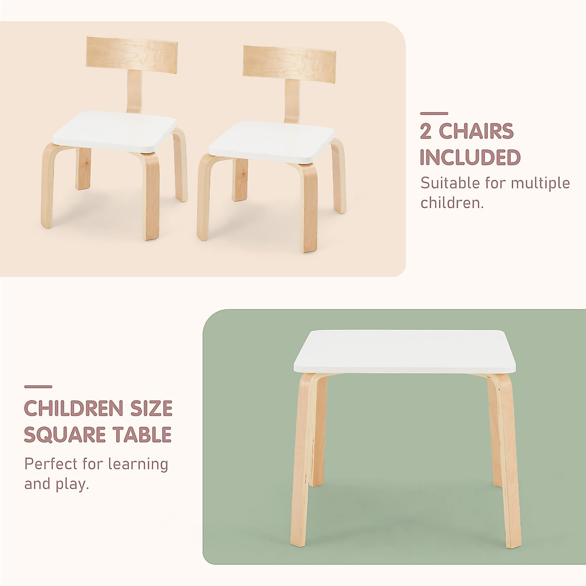 Danrelax Kids Table and Chairs Set - Children Activity Table w/ 2 Chairs, Kids Desk and Chair Set with Durable Birch Veneer, Playroom Daycare Furniture for Drawing, Reading, White Solid Wood