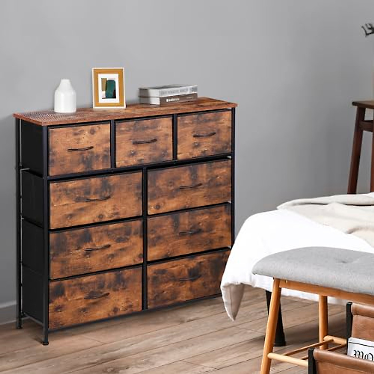 SUPER DEAL Dresser for Bedroom Fabric Dresser Storage Tower Tall Chest Organizer Unit with 9 Drawers for Living Room Nursery Entryway Closets, Steel Frame, Wood Top Rustic Brown