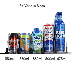 RULA Drink Organizer for Fridge, Self-Pushing Soda Can Dispenser for Refrigerator, Width Adjustable Water Bottle Pusher Glide, 16.2" D, 5 Rows, Black