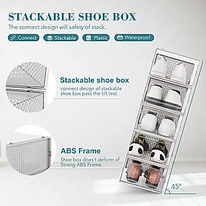 WAYTRIM Clear Shoe Storage Box, Stackable Shoe Organizer Plastic Shoe Container with Lids Foldable Sneaker Storage Boxes Saving Space Shoe Organizer for Closet Fit to Women Size 10, White