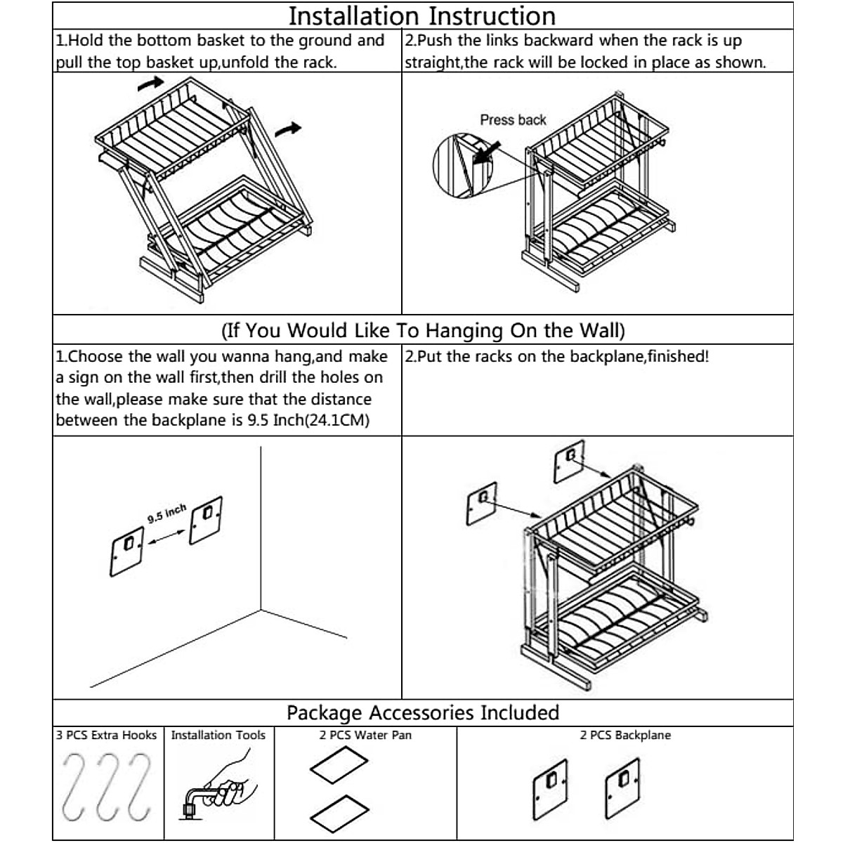 LIHONG Foldable Stainless Steel 2 Tier Dish Drying Rack,Dish Drainer with Drainboard Set for Kitchen Counter