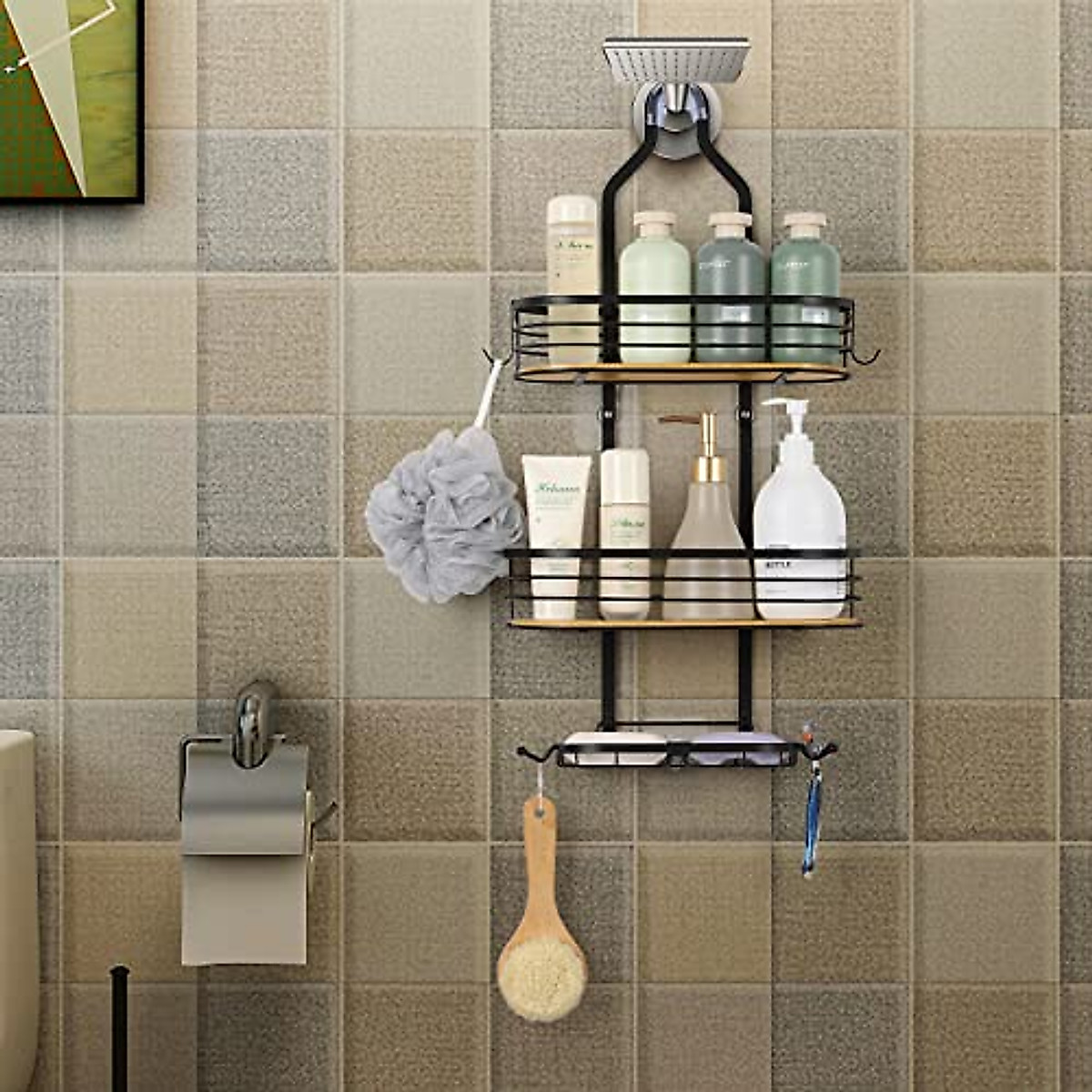 Fogein Shower Caddy Over Shower Head, Hanging Shower Caddy, Shower Basket with Suction Cup, Bathroom Shower Caddy Over The Door with Bamboo Board Hook & Soap Box, No Drilling(3 Tier, Black)