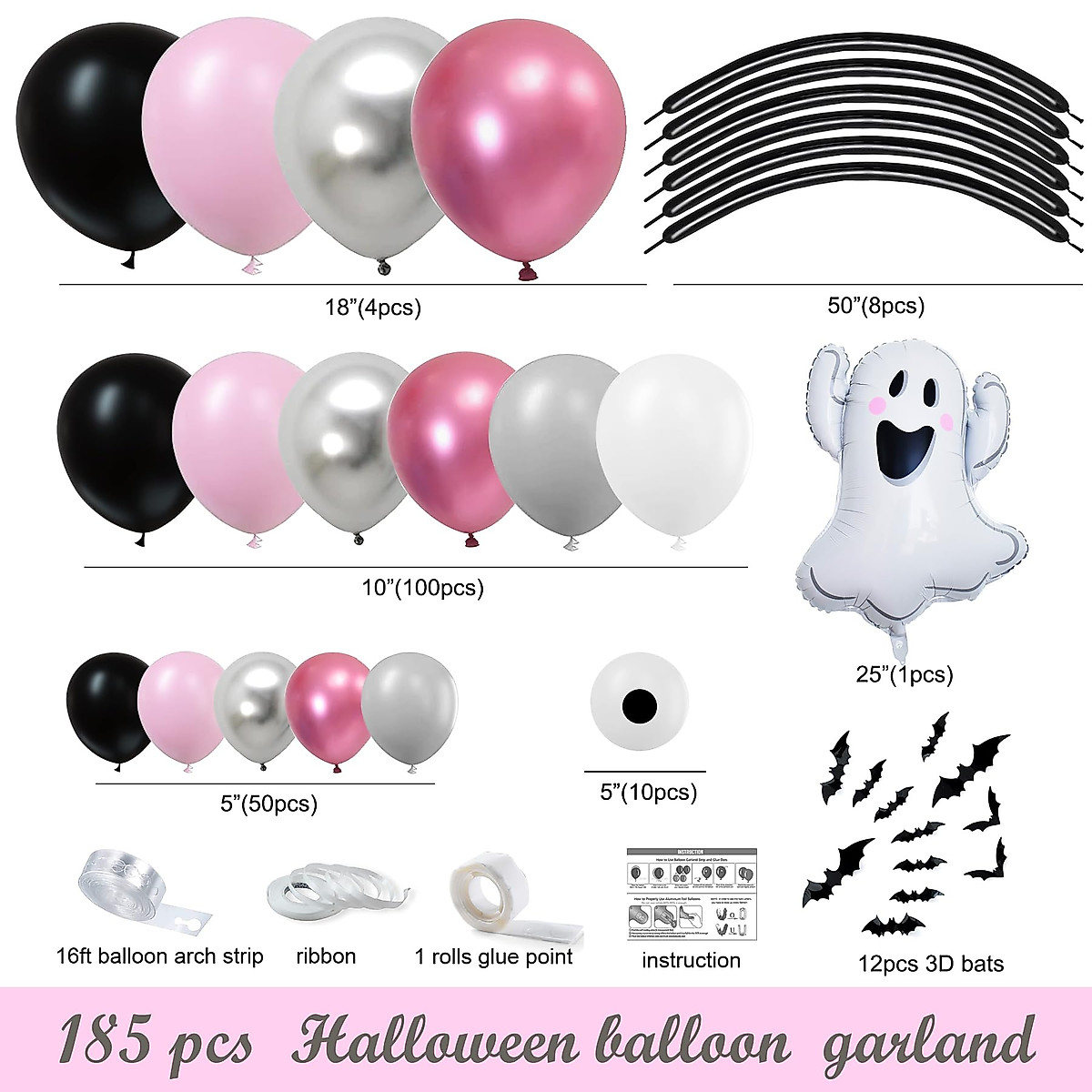 YJDFWAUT 185pcs Black Pink Halloween Balloon Garland Arch Kit, Pink Halloween Decorations Party Supplies for Girl, Large Size Halloween Balloon Garland, Foil Balloon, 3D Bat Stickers