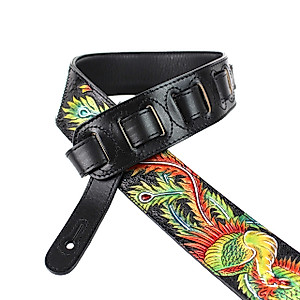 Walker And Williams KB-31 Skinny Series 2" Wide Flat Black Premium Grain Leather Padded Guitar Strap With Hand Tooled Red And Gold Phoenix Design
