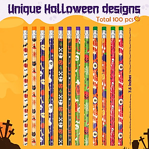 100 Pcs Halloween Pencil Assortment with Eraser, Colorful Wood Pencils in Halloween Design, Halloween Party Favors for Kids, Trick or Treat, Halloween Goodies Bags Filler, Game Prizes Classroom Reward