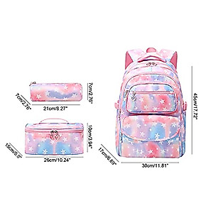 JiaYou School Backpack Sets 3pcs Stars Prints Daypack For Teens Girls Primary School Students(Pink Stars,22 Liters)