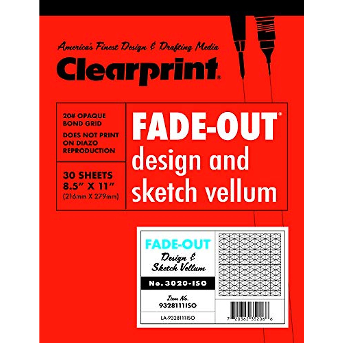 Clearprint 3020 Bond Pad with Printed Fade-Out 30-Degree Isometric Grid, 20 lb., 8-1/2 x 11 Inches, 30 Sheets, White, 1 Each (932811ISO)