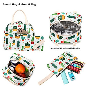 Yusudan Cactus Girls School Backpack, 3 in 1 Set Kids Teens School Bag Bookbag with Lunch Bag Pencil Case