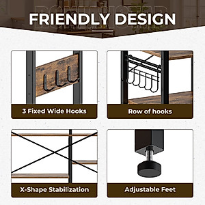 Rolanstar Baker's Rack, 60.9inch 10-Tier Kitchen Utility Storage Shelf with 15 Hooks, Large Kitchen Rack with Power Outlet, Microwave Oven Stand, Stable Coffee Bar, Rustic Brown