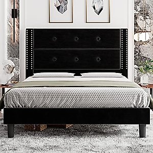 iPormis Queen Size Platform Bed Frame, Velvet Upholstered Bed Frame with Button Tufted & Nailhead Headboard, Wooden Slats Support, No Box Spring Needed, Noise-Free, Black