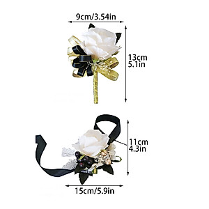 Firlar 2 PCS Wedding Wrist Flower and Mens Corsage, Artificial Ivory Rose Flower Wrist Corsage and Boutonniere Set, Bride Wristlet Band Bracelet and Men Boutonniere Set for Wedding Party Prom Suit