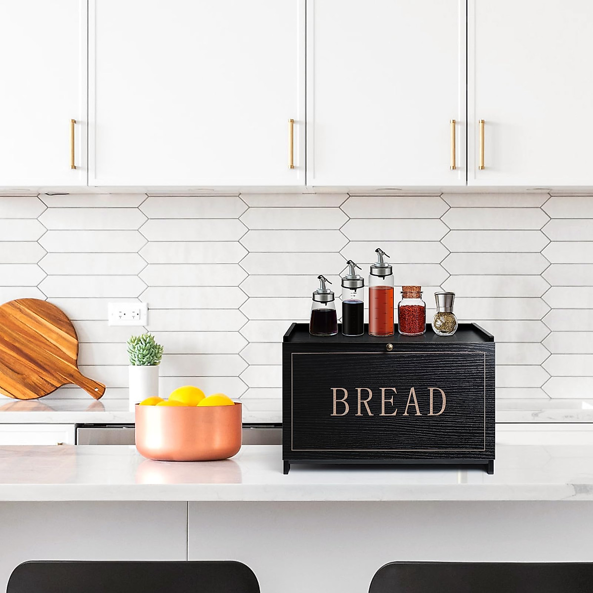 DECOCIAGA Bread Box for Kitchen Countertop, Large Capacity Bread Storage Container for Homemade Bread, Wooden Bread Holder Bread Bin for Kitchen Counter Corner, Cabinet, Pantry, Cupboard (Black)