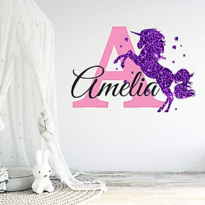 Nursery Girls Purple Glitter Sparkle Printed Unicorn Custom Personalized Name and Initial Wall Decal, Wall Decor Wall Stickers (Medium)