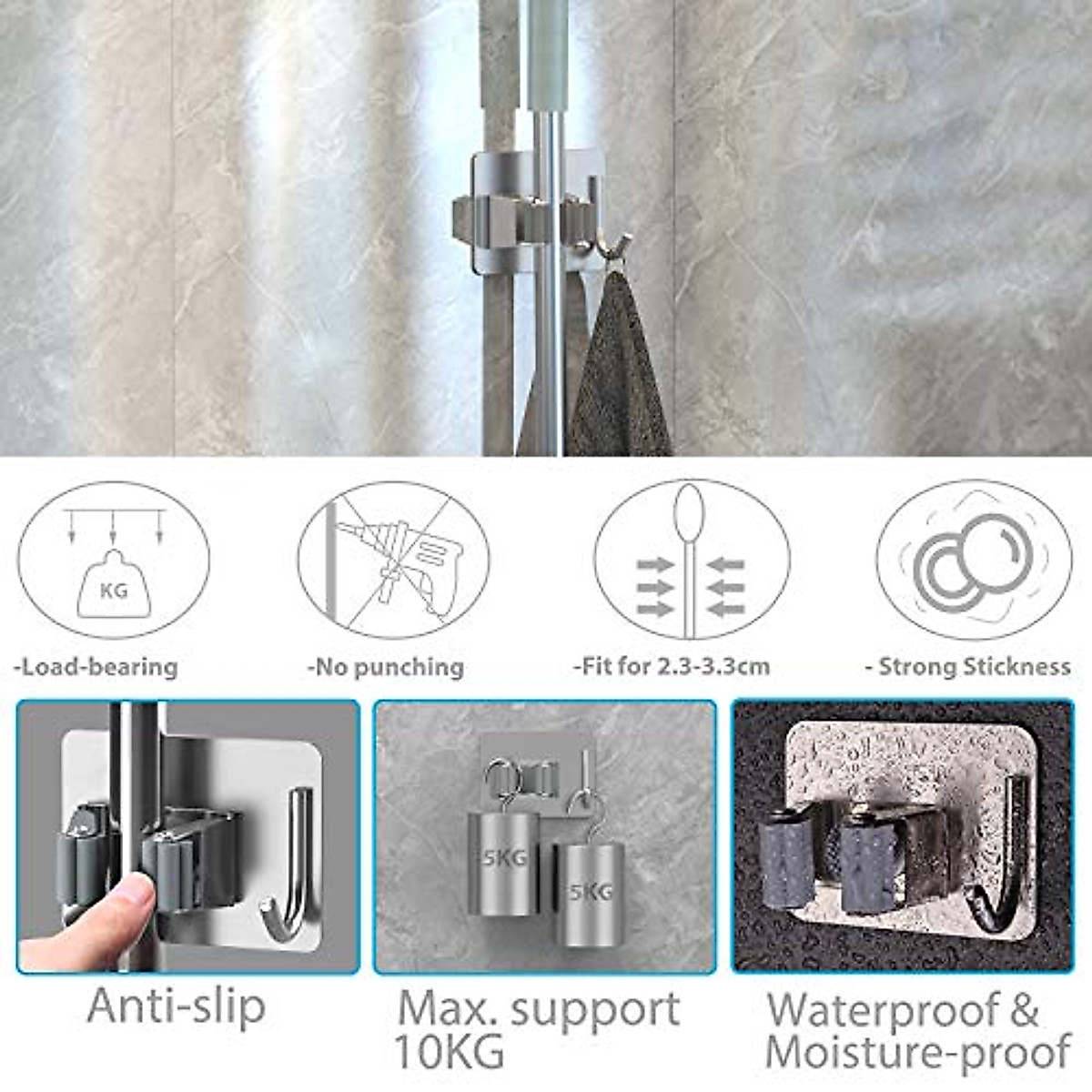 Mop Broom Holder No Drill SUS304 Stainless Steel, HOMEASY Mop Broom Organizer Wall Mounted Heavy Duty with Hooks Hanger, Storage Rack Self Adhesive 4Pcs for Bathroom, Kitchen, Office, Silver