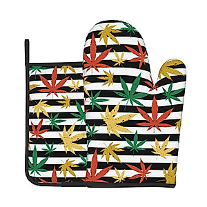 Oven Mitts and Pot Holders Sets Colorful Weed Oven Gloves Heat Resistant Potholders Washable Non-Slip BBQ Gloves with Hanging Loop for Women Men Kitchen Baking Cooking Grilling