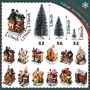 Kajaia 12 Pieces Christmas Winter Houses Village with 12 Pieces Trees Lamp LED Lights Christmas Winter Village Town Buildings Accessories for Thanksgiving Halloween Village Figurine Desktop Decor
