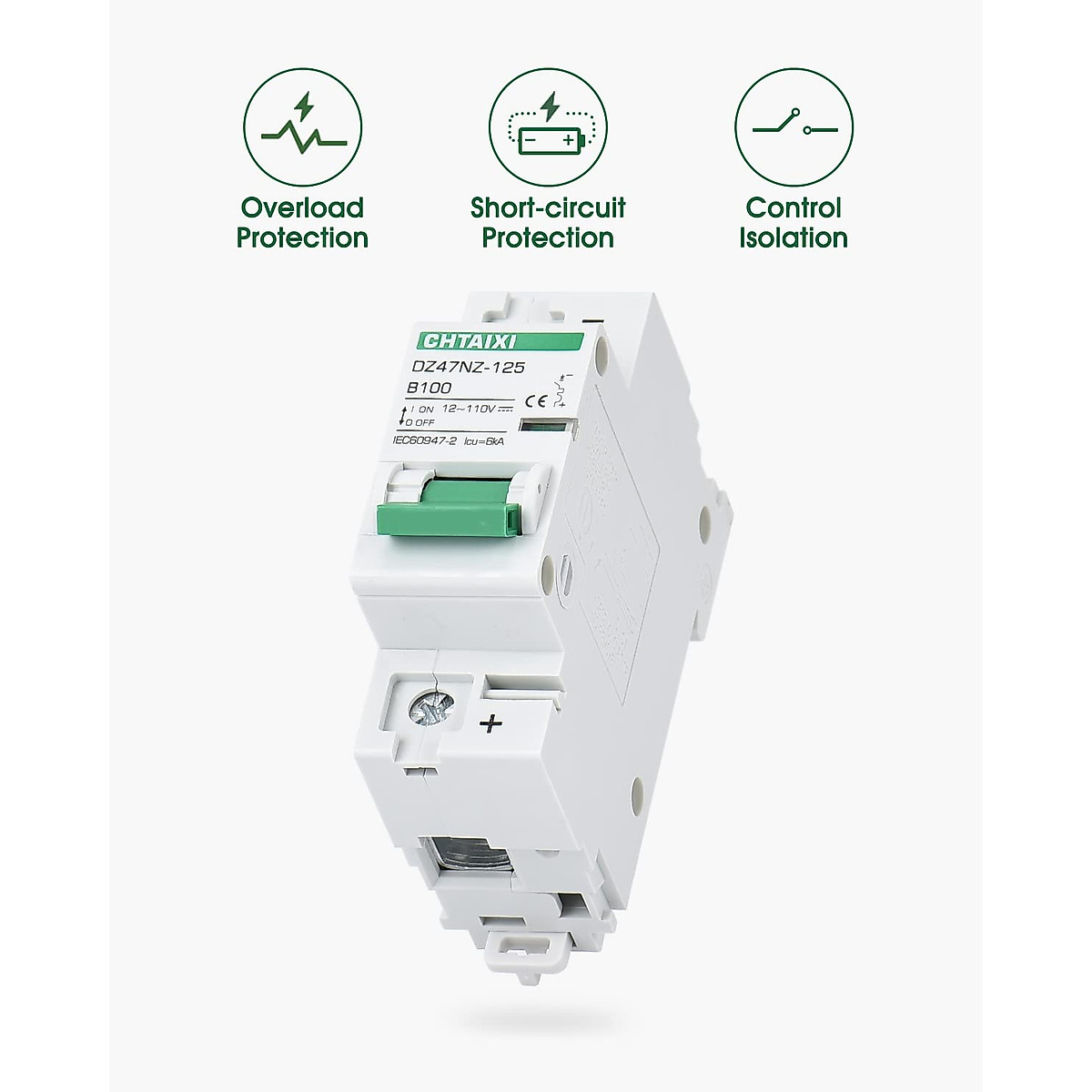 Chtaixi 12V-110V DC Miniature Circuit Breaker, 100 Amp 1 Pole Battery Breaker Protector for Solar PV System and RV, Thermal Magnetic Trip, DIN Rail Mount, High Current DC Disconnect Switch MCB 1P B100
