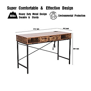 JJS 48' Writing Desk with Power Outlet, Home Office Contemporary Large Computer Desk Laptop Workstation with Drawer USB Ports Charging Station, Rustic Brown