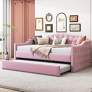 CABSETT Twin Size Upholstered Daybed Frame with Trundle, Tufted Sofa Bed with USB&Type-C Charging Ports for Bedroom Living Room Guest Room, Wood Slat Support, Pink