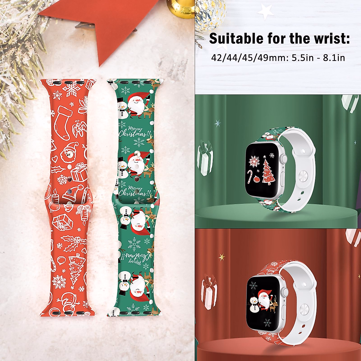 2 Pack Christmas Band Compatible with iWatch SE Series 10 9 8 7 6 5 4 3 2 1 Women Men Apple Watch Bands 46mm 45mm 44mm 42mm(Series 3), Xmas Holiday Adjustable Silicone Strap