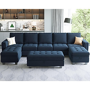 Belffin Modular Sectional Sofa Set Velvet U Shaped Sofa Set with Reversible Wide Chaise Convertible Corner Sectional Sofa Couch Set with Storage Ottoman Blue