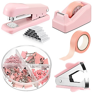Office Supplies Set Desk Accessory Kit Include Stapler, Staples, Staple Remover, Tape Dispenser, 22 Binder Clips, 30 Paper Clips, 20 Push Pins, 2 Rolls Tape, for Women Christmas Gift (Pink)