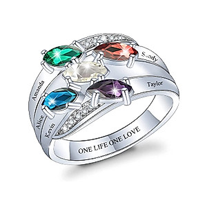 BAUMA AUTO Mother Ring with 1-8 Birthstones Personalized 925 Sterling Silver Rings Custom Anniversary Ring for Women Wife Grandma Mom Mother's Day (Style 06)