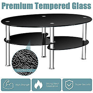 Casart Glass Coffee Table End Table 2 Tire for Home &Office with Sturdy Chrome Plated Legs Tea Table (Black)